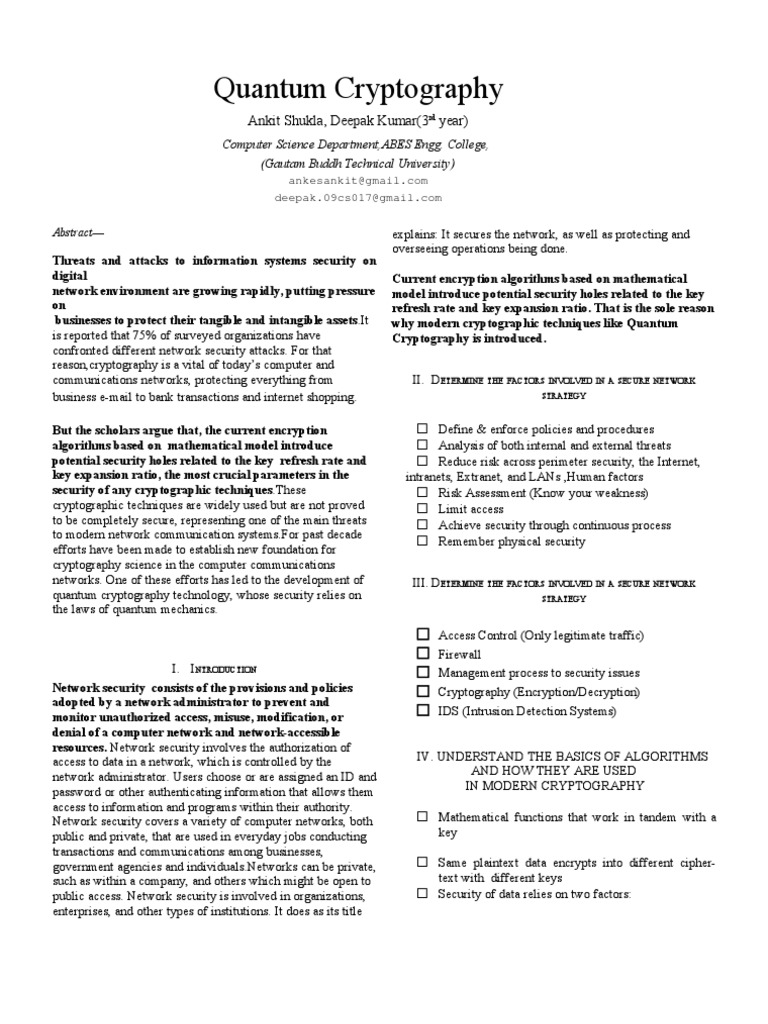 Quantum Cryptography: Ankit Shukla, Deepak Kumar (3 Year) | PDF ...