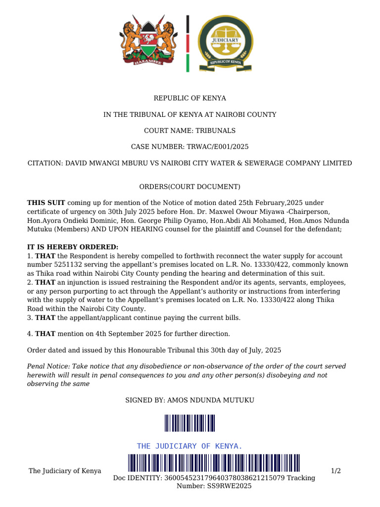 NAIROBI TRWA NO. E001 OF 2025 ORDER (2) | PDF | Common Law | Judiciaries