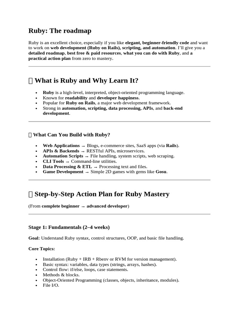 Roadmap For Ruby Learners | PDF | Ruby (Programming Language) | Object Oriented Programming