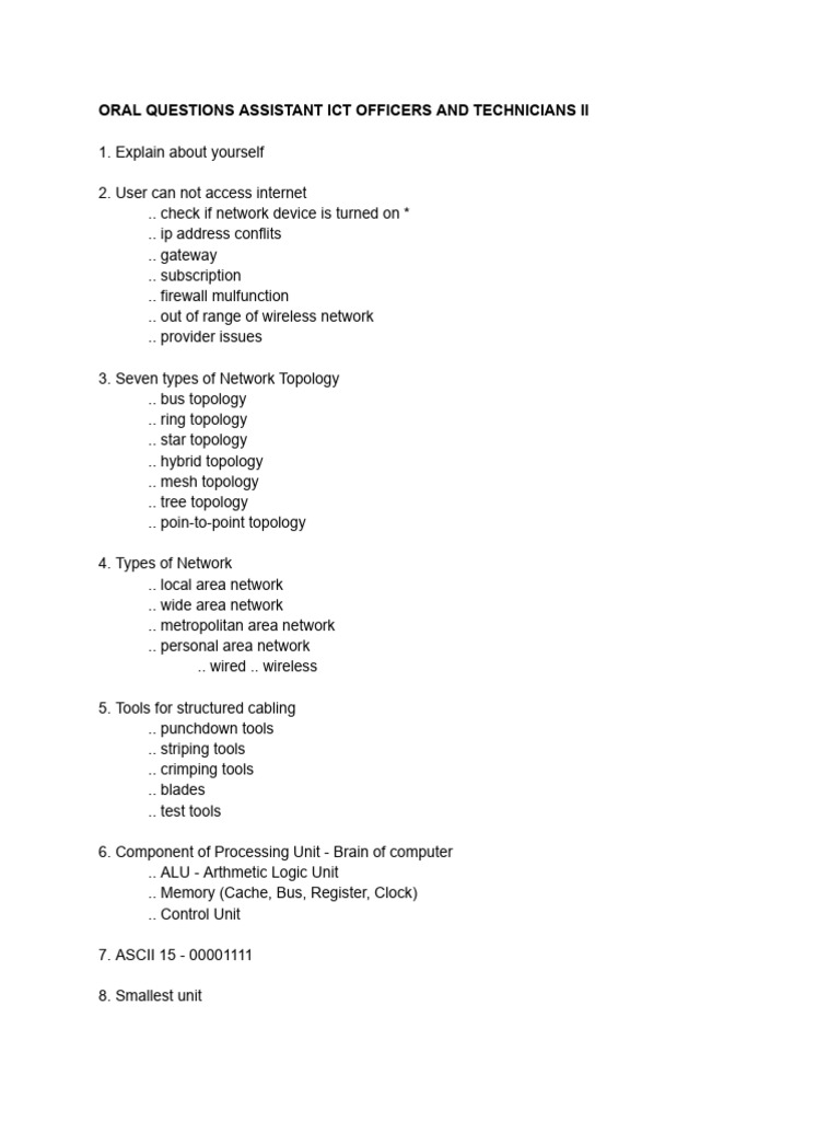 ORAL - ICT Technicians II Interview QNs PDF | PDF | Byte | Computer Network