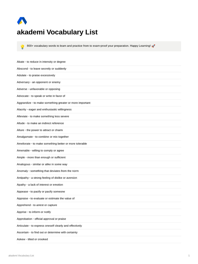 Vocabulary List for Exam Preparation | PDF