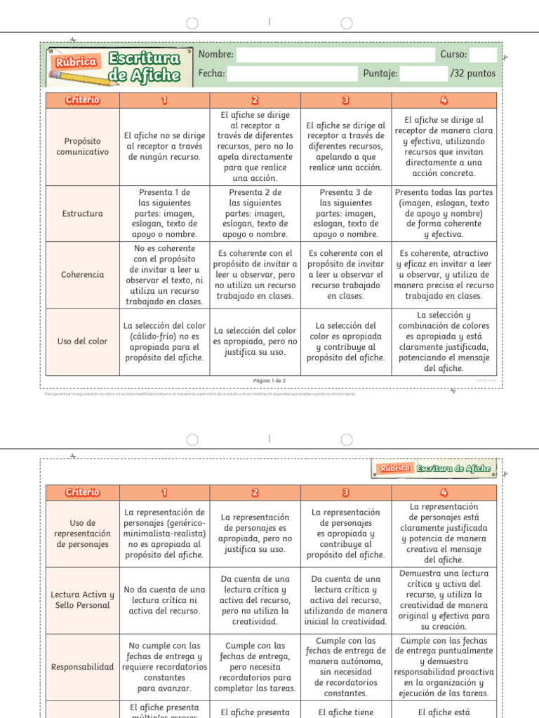 Rubrica Escritura de Afiche Ver 1 | PDF