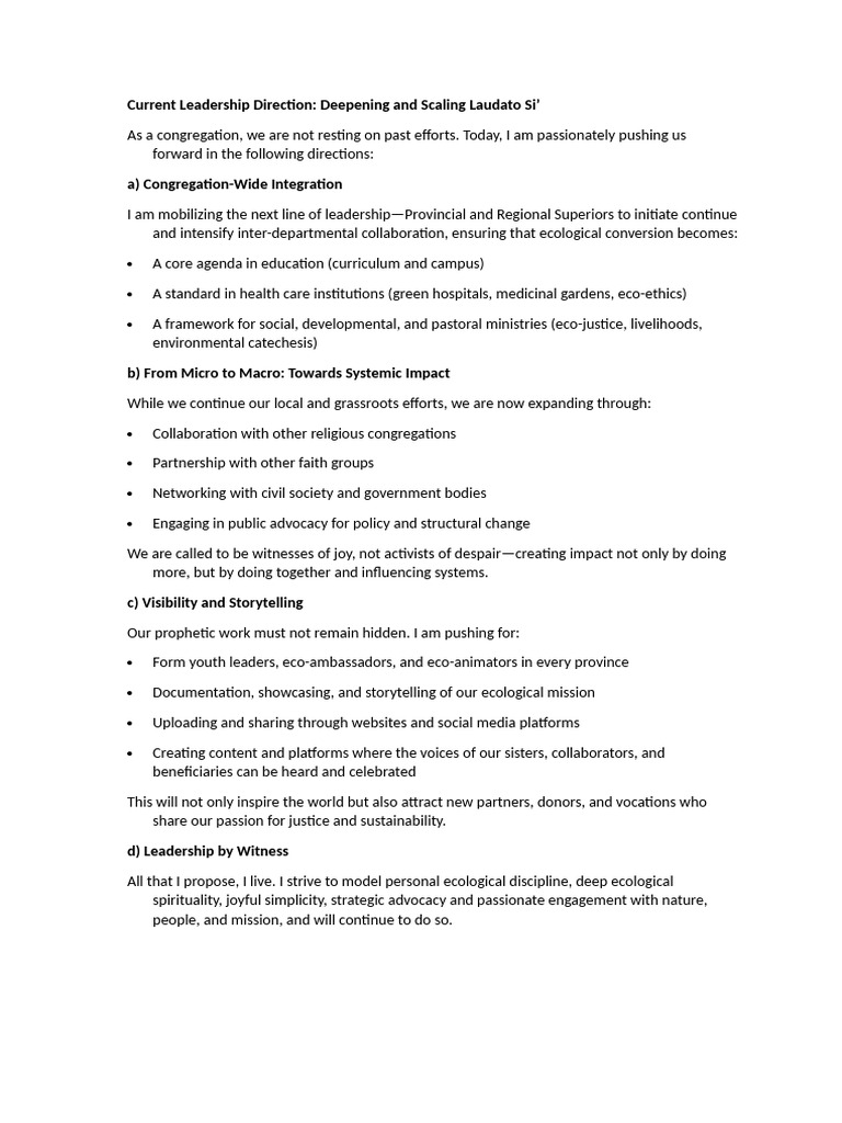Current Leadership Direction: Deepening and Scaling Laudato Si' | PDF