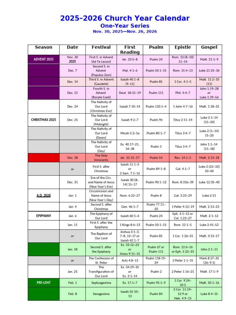LCMS 2025 2026 Church Year Calendar One Year Series | PDF | Eastertide ...
