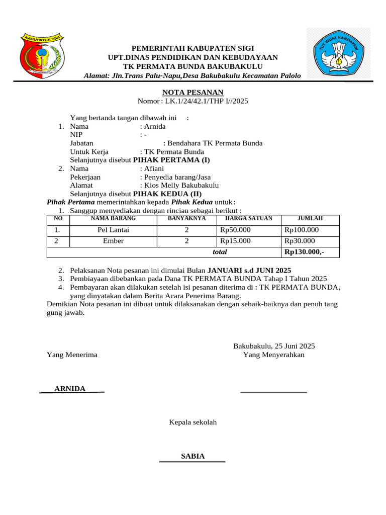 Nota Pesanan Perabot Juni | PDF