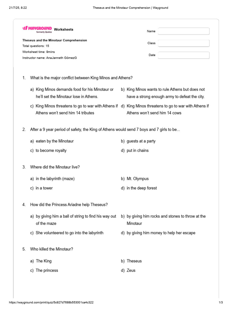 Theseus and The Minotaur Comprehension - Wayground | PDF | Minotaur ...