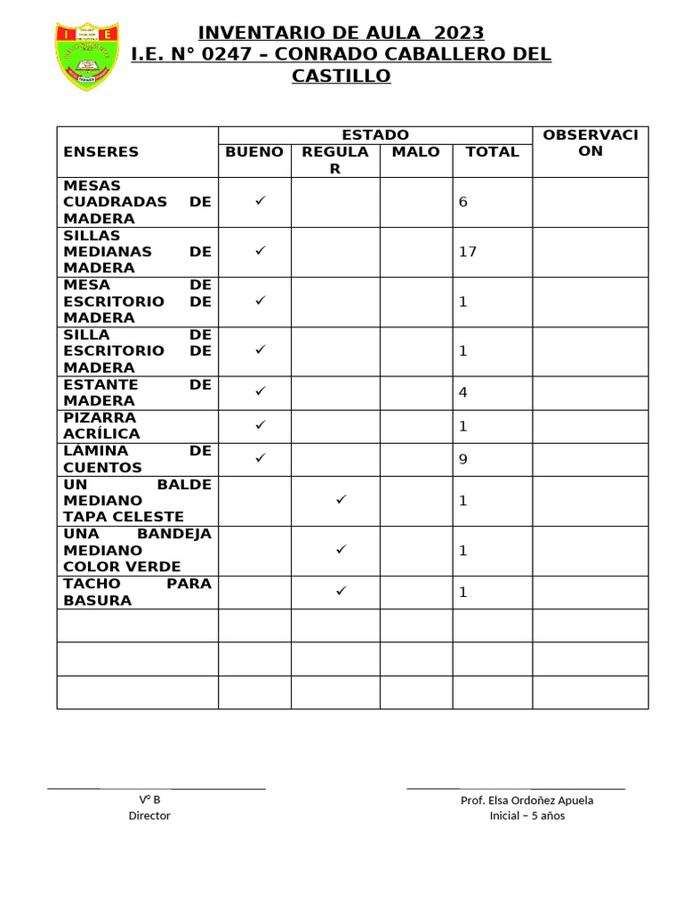 Formato Inventarios de Aula - 2023 | PDF