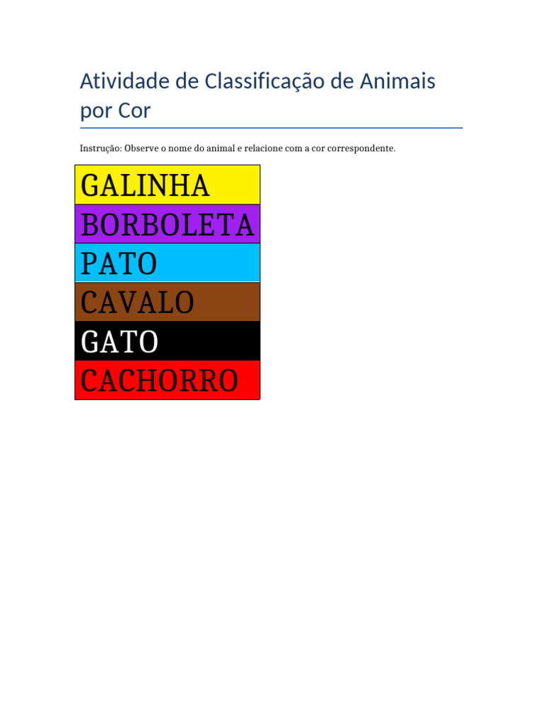 Atividade Classificacao Animais Por Cor | PDF
