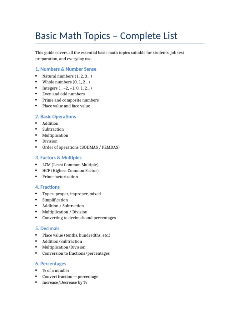 Basic Maths Topics List by ChatGPT | PDF
