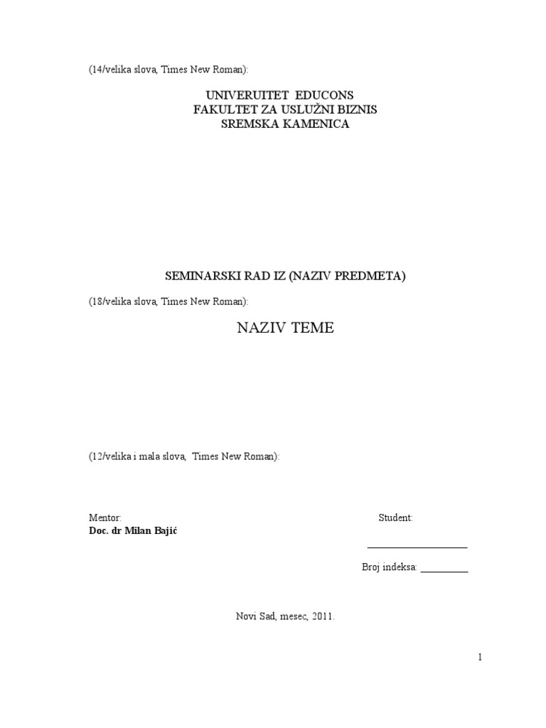 Primer Za Izradu Naslovne Strane Seminarskog Rada I Forma Izrade Fabus