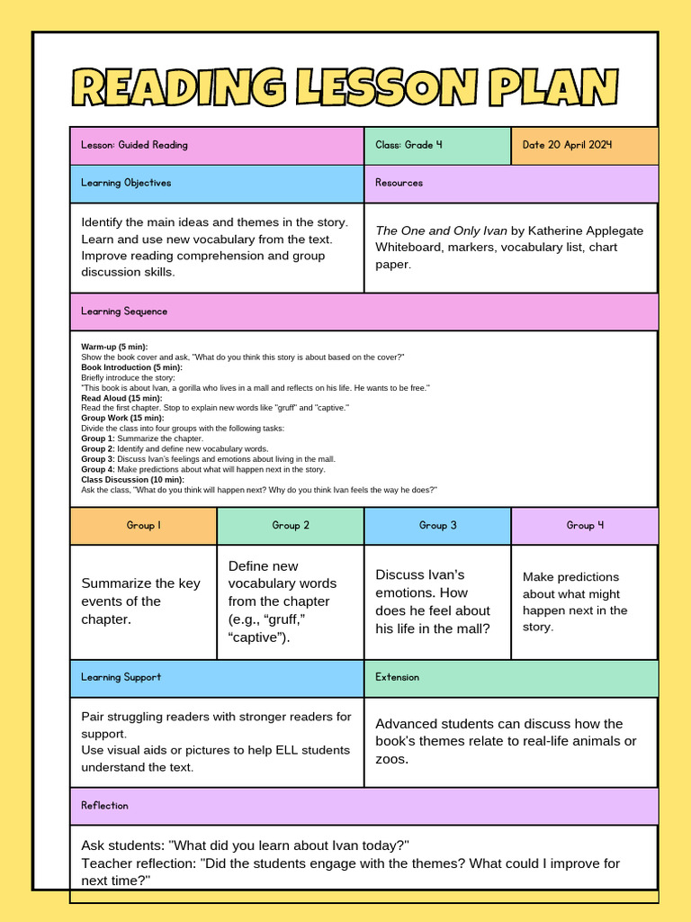 Colorful Pastel Reading Lesson Plan | PDF | Lesson Plan | Reading ...