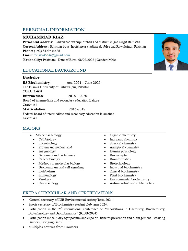 Curriculum Vitae MR - Riaz - 1 | PDF | Biochemistry | Chemistry