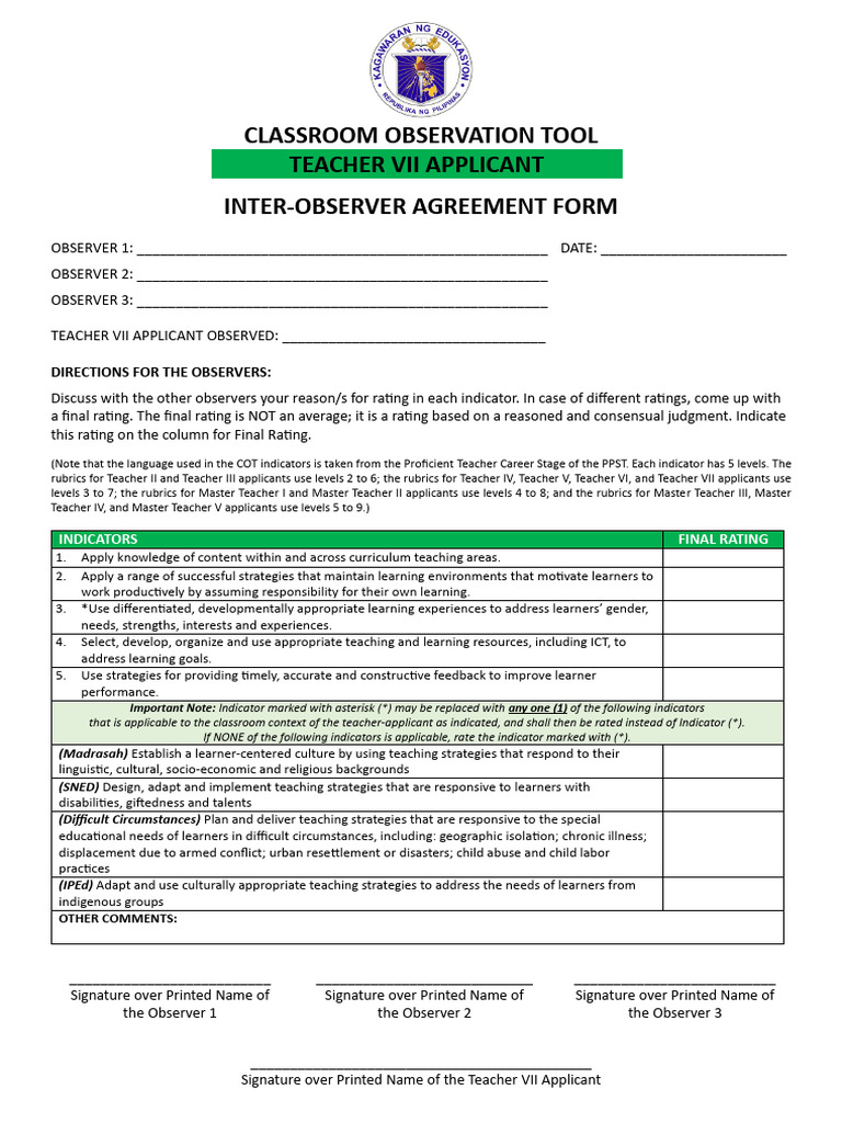 Inter-Observer Agreement Form 2025-2026 | PDF | Teachers | Learning