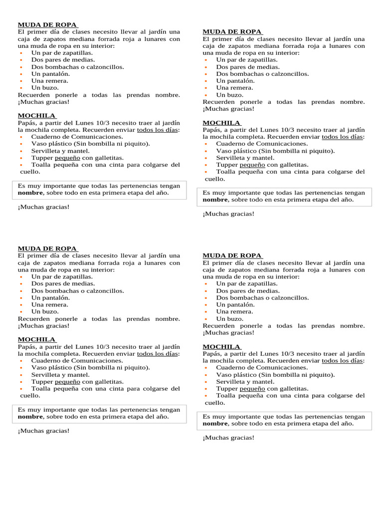 Muda de ropa y mochila completa | PDF | Prenda interior