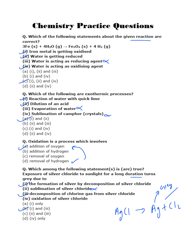 Chemistry Practice Questions and Answers | PDF | Chemical Reactions ...