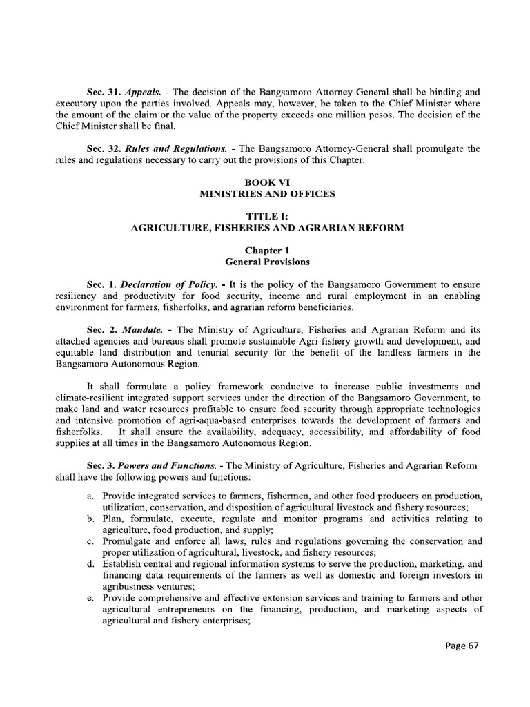 Bangsamoro Administrative Code BA Act No. 13 Book VI Title I | PDF