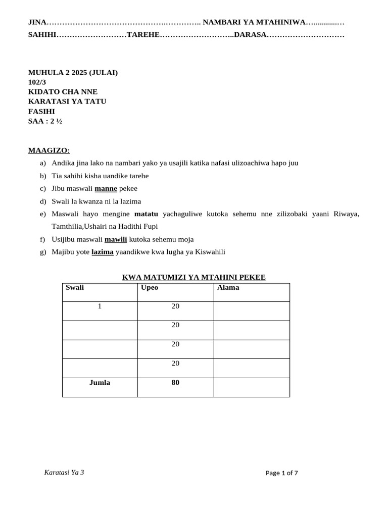 f4 Kiswahili Pp3 Qs End t2 Teacher Co Ke | PDF
