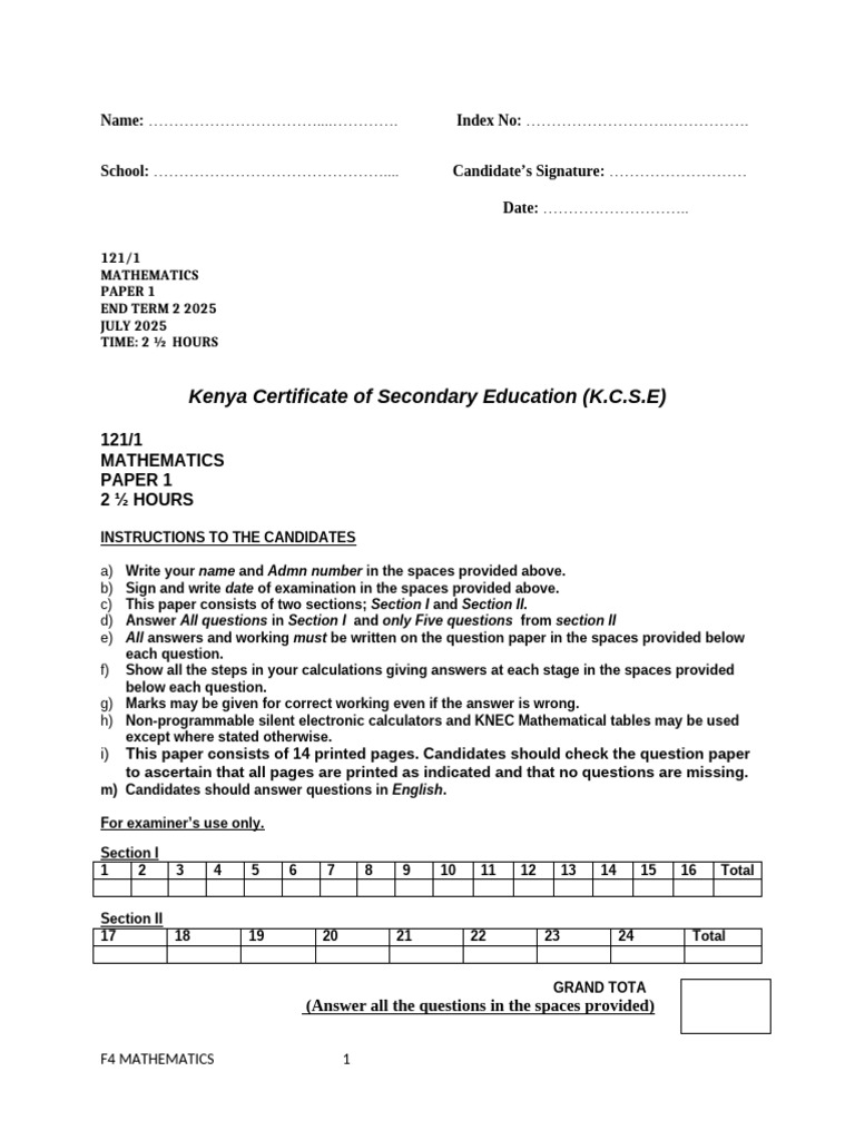 f4 Mathematics Pp1 QN End t2 Teacher Co Ke | PDF | Geometry | Elementary Geometry