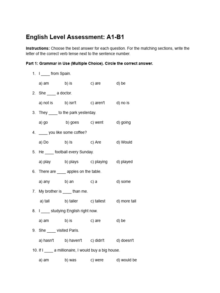 A1-B1 English Level Assessment Test | PDF | Perfect (Grammar) | Semantics
