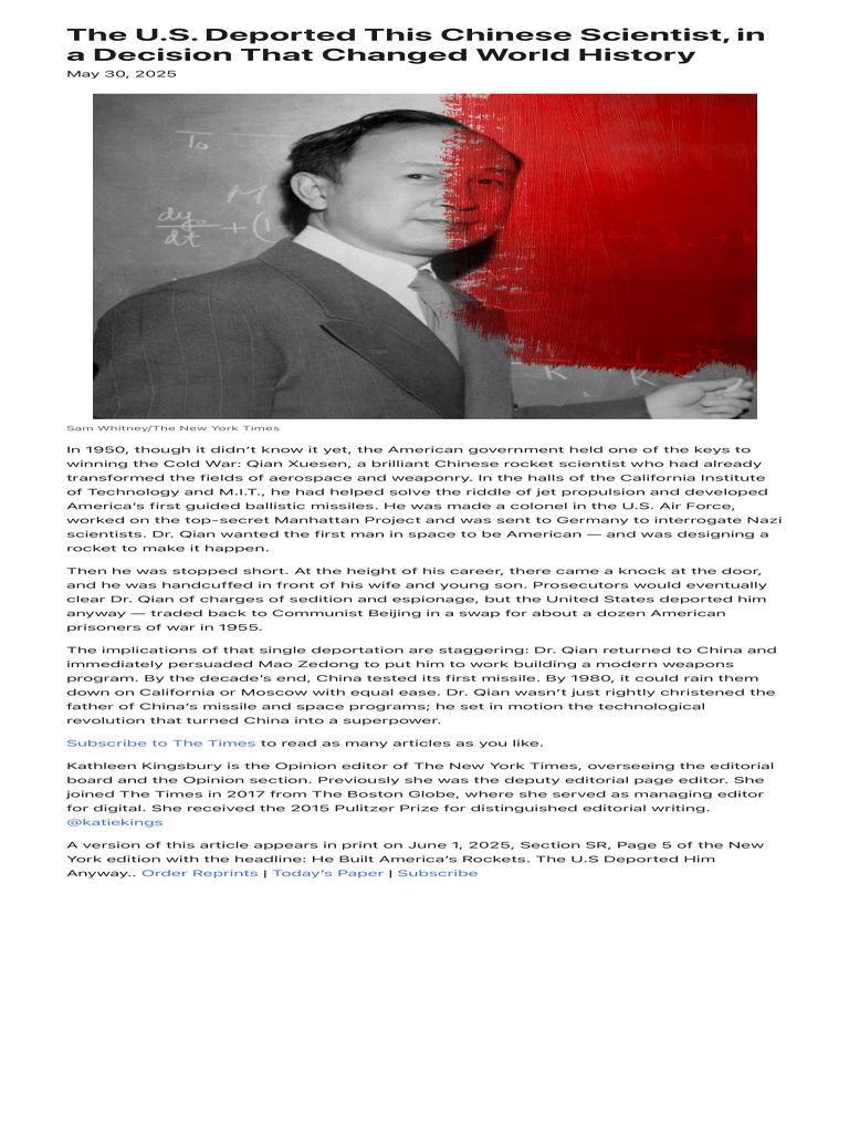 Opinion The U.S. Made A Terrible Mistake When It Deported Qian Xuesen ...