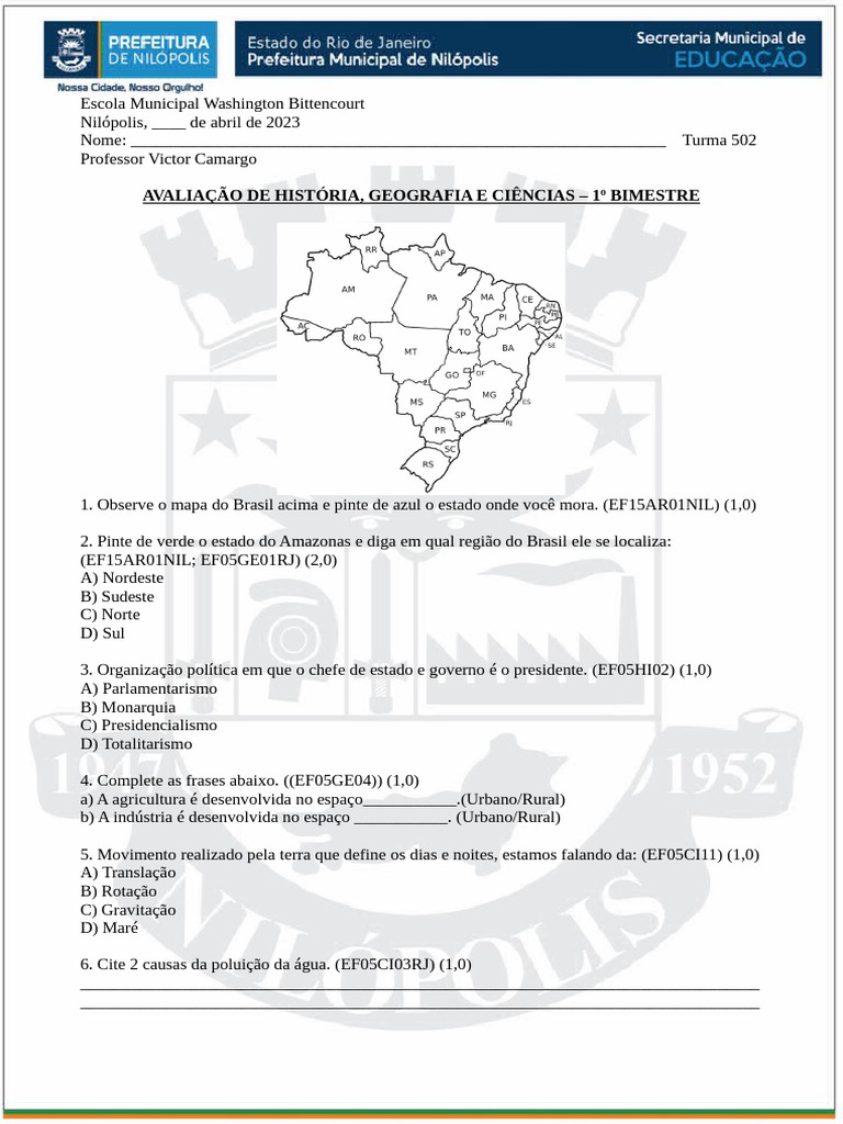 Avaliação de História e Geografia 502 | PDF