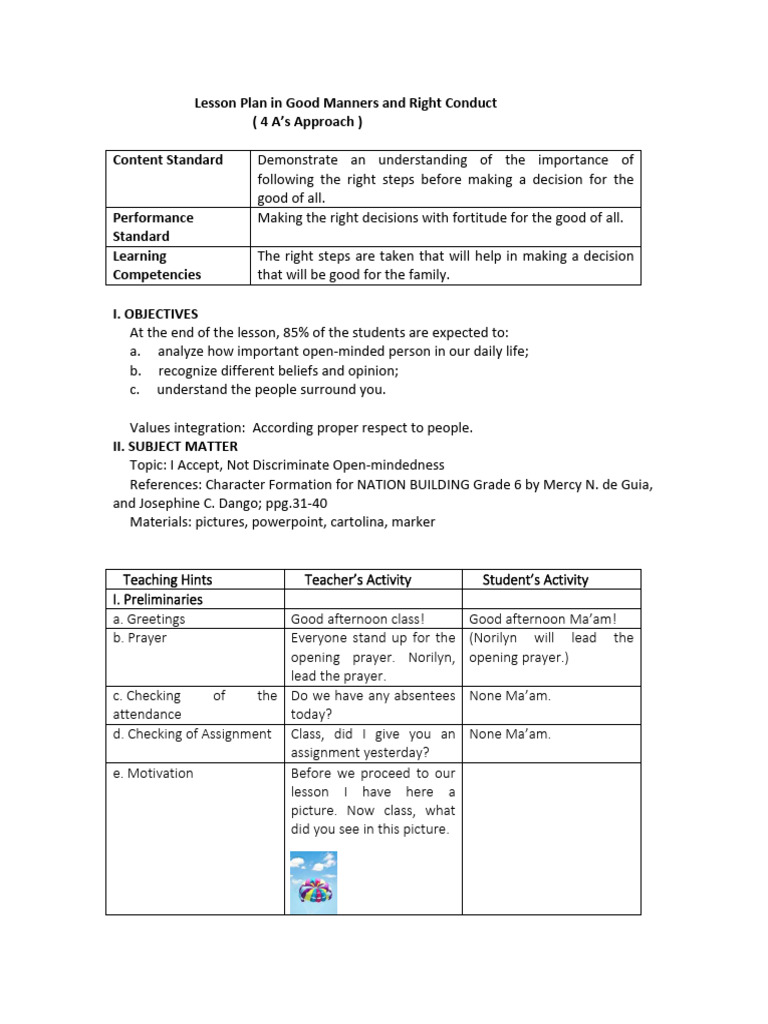 Good Manners Lesson Plan: Open-Mindedness | PDF | Teachers | Mind