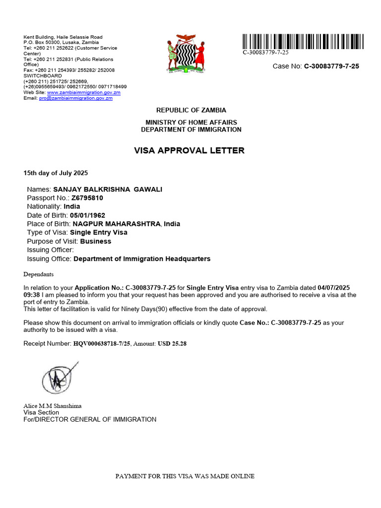 Zambia Visa Approval for Indian Business Visit | PDF | Travel Visa ...