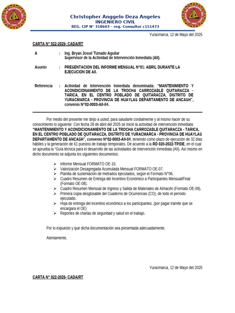Carta Nº22 -Alcanzo Formatos Oe-10 | PDF