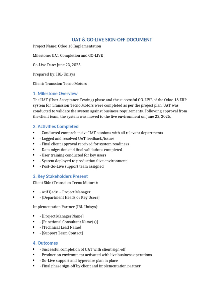 UAT GoLive Signoff TranssionTecnoMotors | PDF