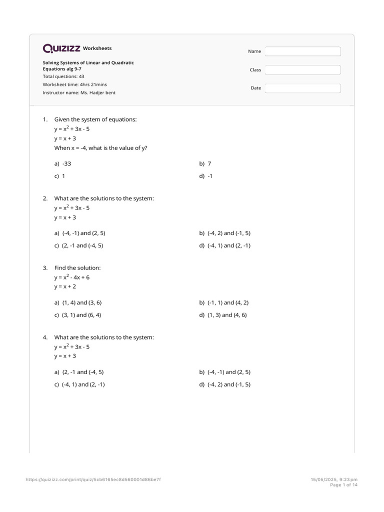 9-7 Solving Systems of Linear and Quadratic Equations Alg 9-7 - Quizizz ...
