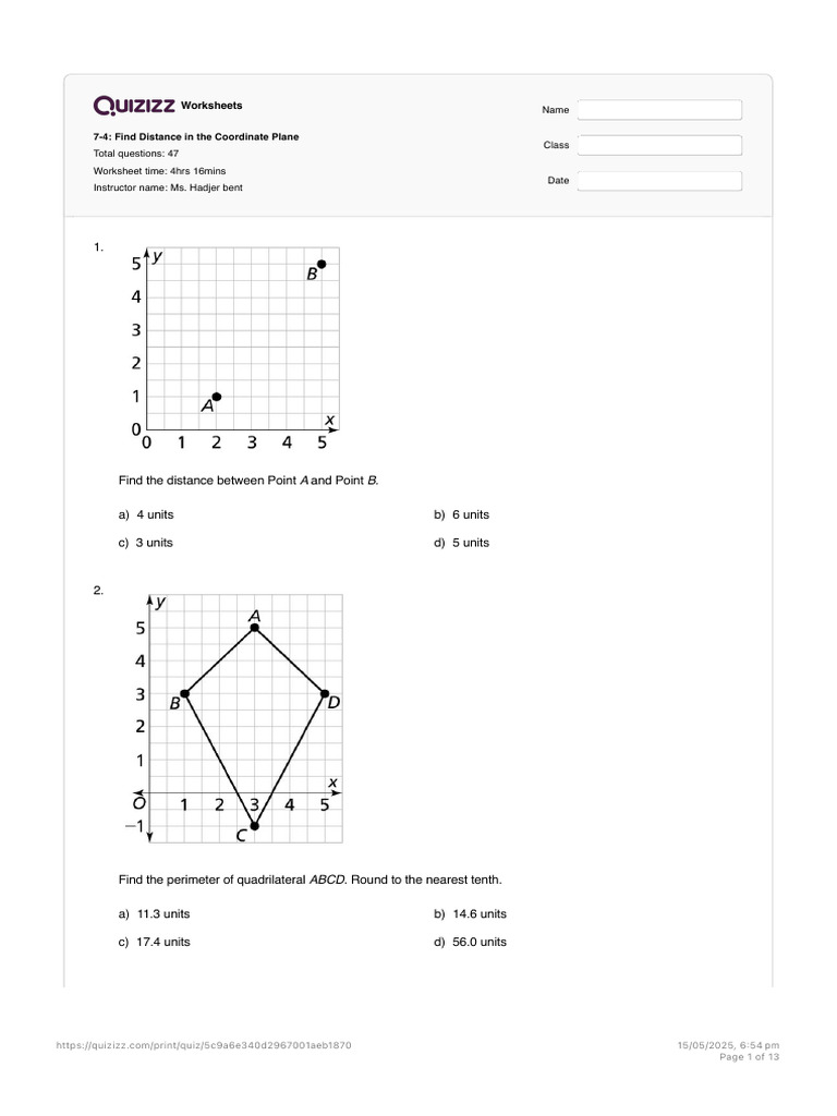 7-4 - Find Distance in The Coordinate Plane - Quizizz | PDF | Triangle ...