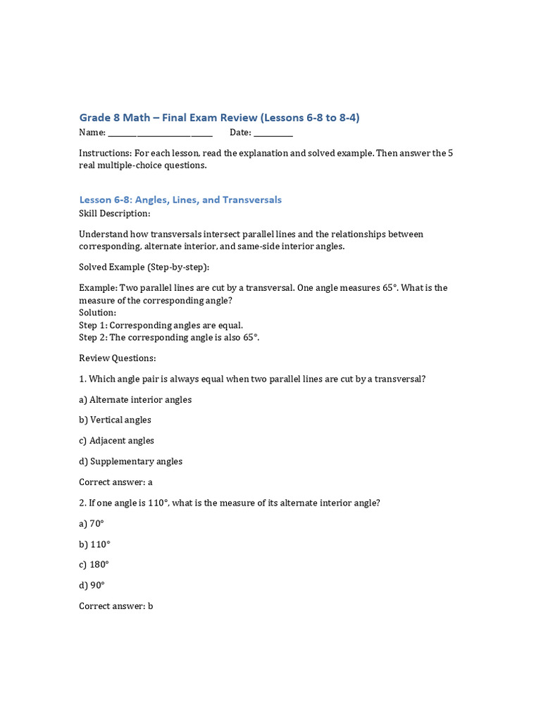 Grade 8 Math Final Exam Review Guide | PDF | Triangle | Elementary ...