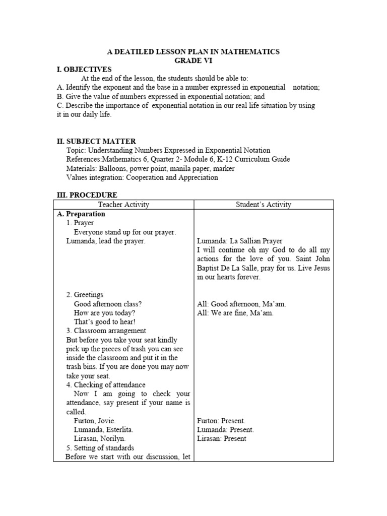 Grade 6 Lesson Plan About Exponent | PDF | Exponentiation | Multiplication