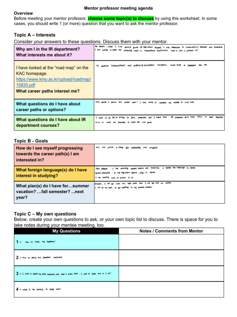 2 (Week 2) Mentor Professor Meeting Agenda (TABLET) | PDF