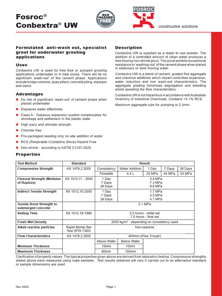 Conbextra UW Grout Technical Data Sheet | PDF | Cement | Concrete