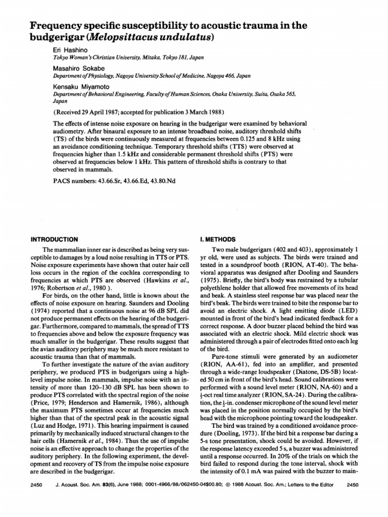 Frequency Specific Susceptibility To Acoustic Trauma in The Budgerigar ...