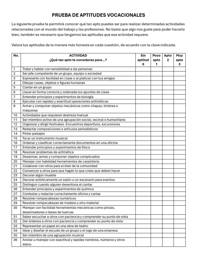 Prueba de Aptitudes Vocacionales | PDF