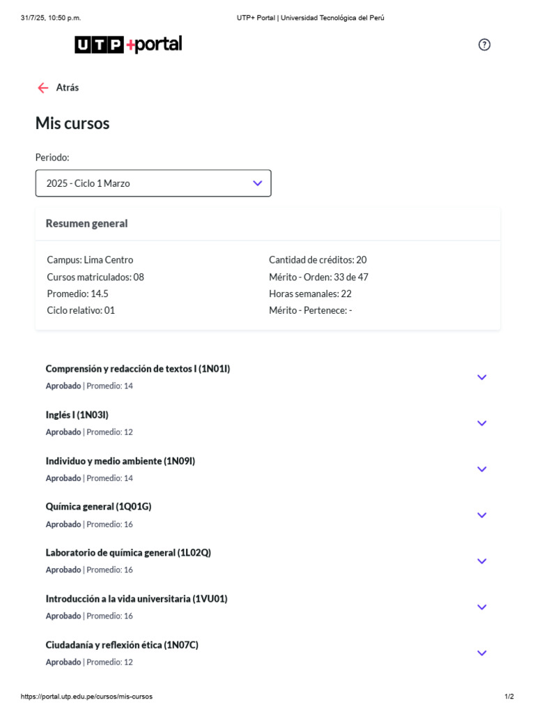 Resumen de Cursos en UTP+ Portal | PDF