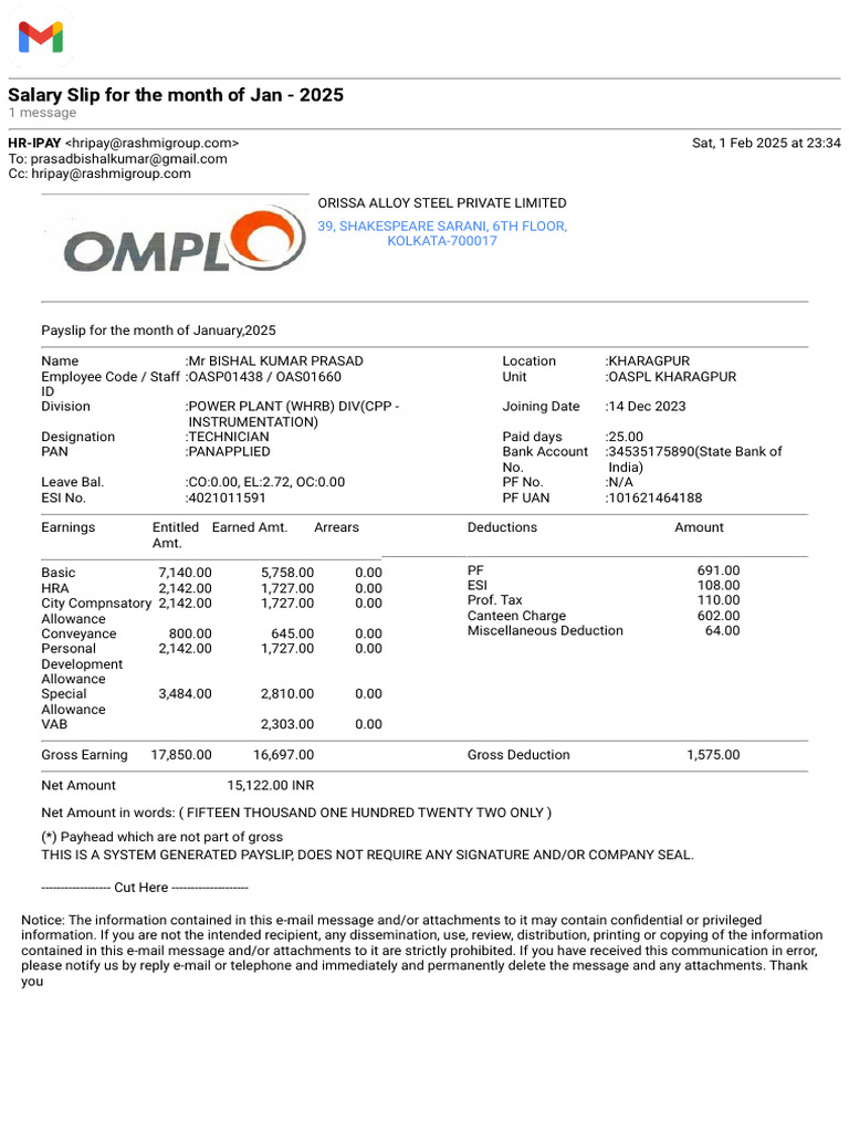 Gmail - Salary Slip for the Month of Jan - 2025 | PDF | Payments | Taxes