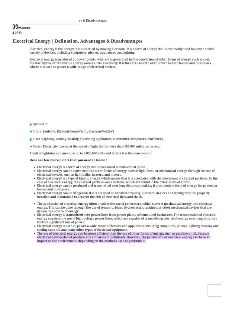 Electrical Energy: Pros and Cons | PDF | Electricity | Electronvolt