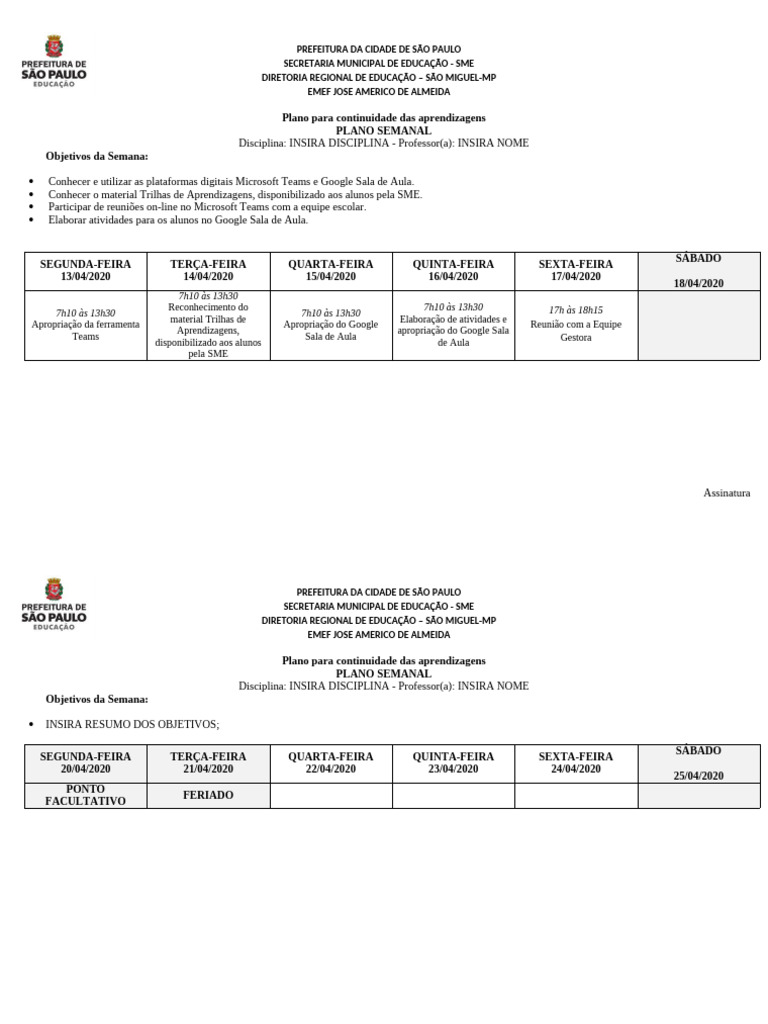 Joyce - Plano de Aulas Semanal | PDF | Aprendizado