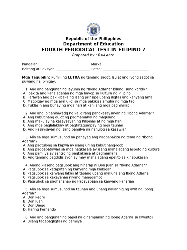 Fourth Periodical Test in Filipino 7 (Re-Learn) | PDF