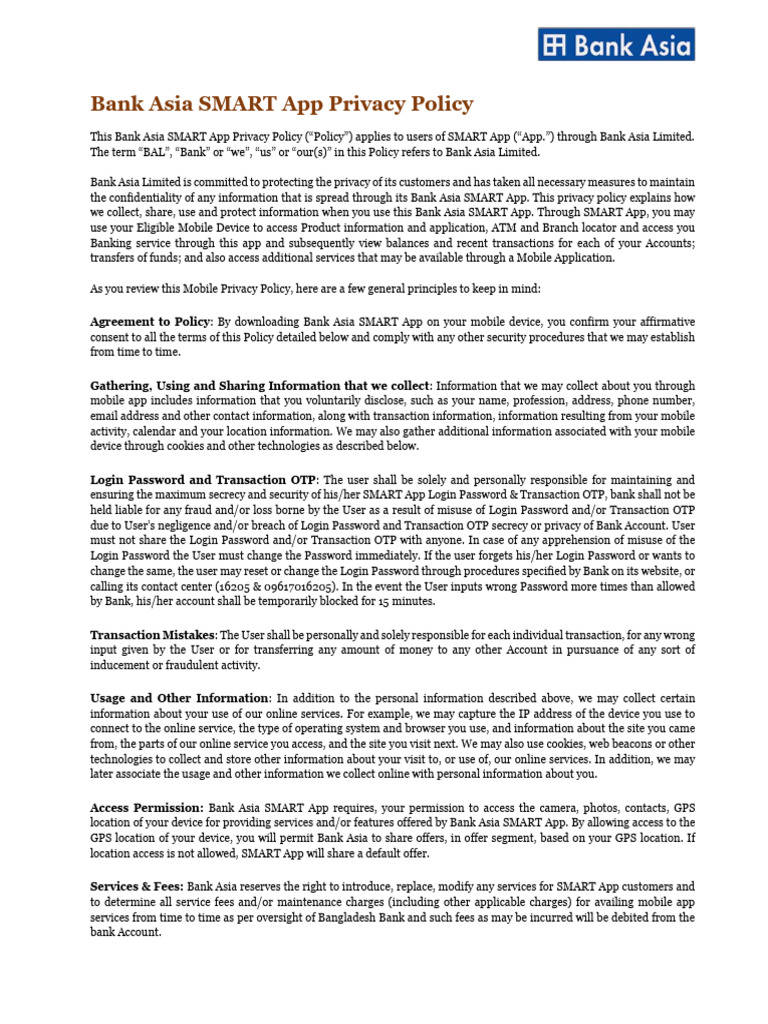 Bank Asia SMART App Privacy Policy | PDF | Mobile App | Privacy