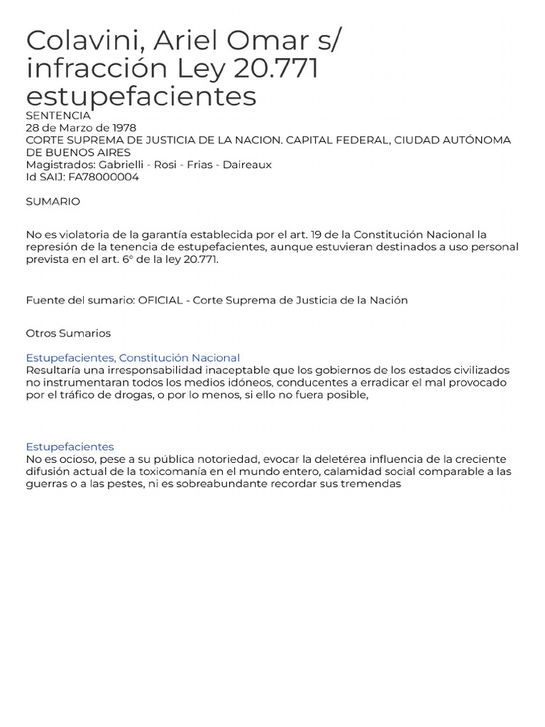 Colavini, Ariel Omar S - Infracción Ley 20.771 Estupefacientes | PDF