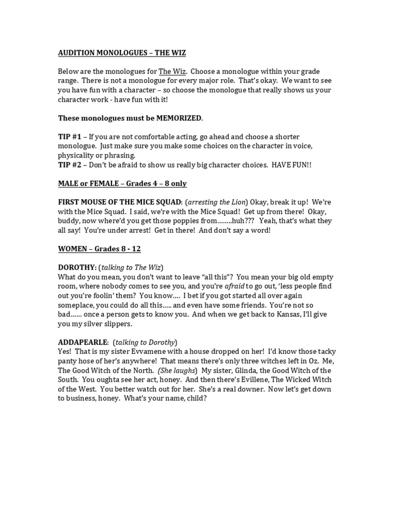 Dorothy Monologues for The Wiz Auditions | PDF | Dorothy Gale | Tin Woodman