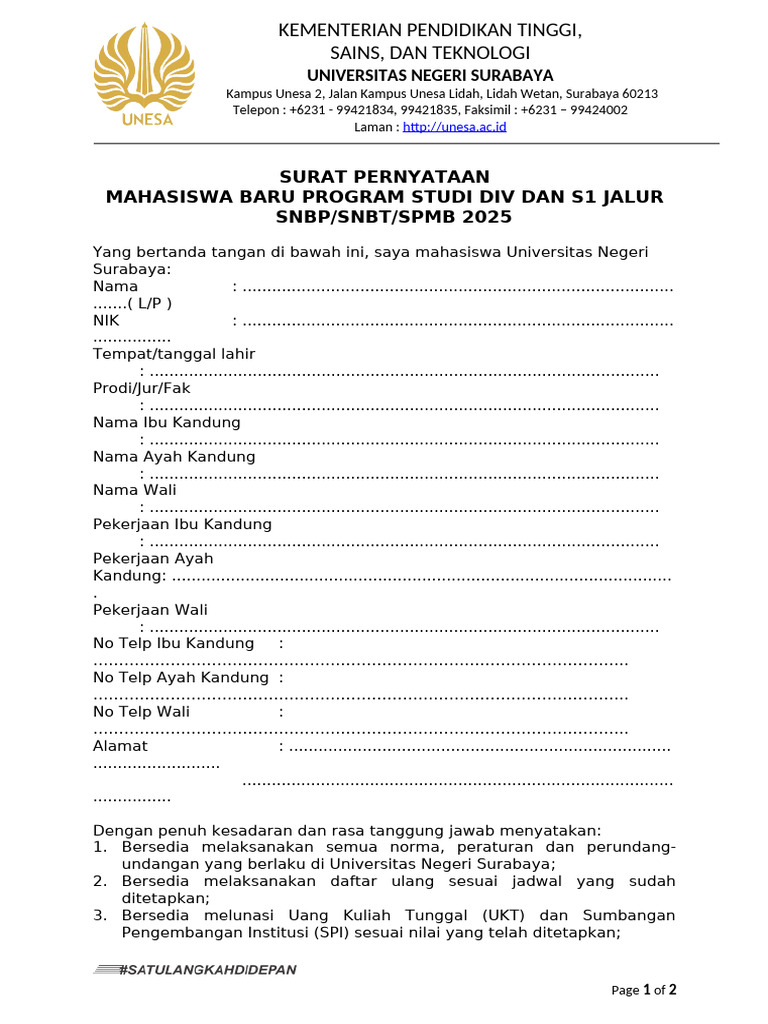 Surat Pernyataan Mahasiswa Baru Unesa 2025 | PDF