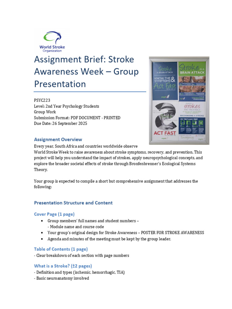 Stroke Awareness Assignment 2nd Year Psychology PSYC 223 2025 | PDF ...