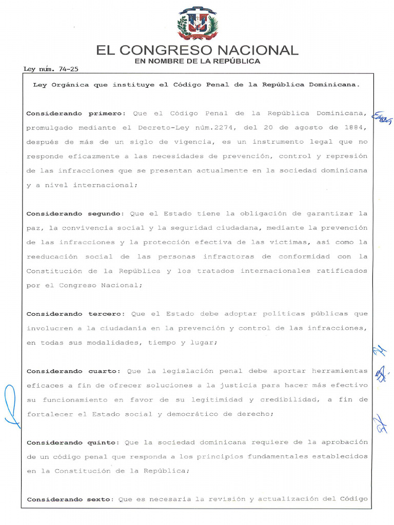 Ley 74-25: Código Penal Dominicano | PDF | Derecho penal | Constitución