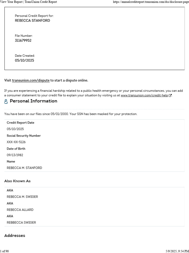 Rebecca M Stanford Transunion Credit Report | PDF | Credit | Finance ...