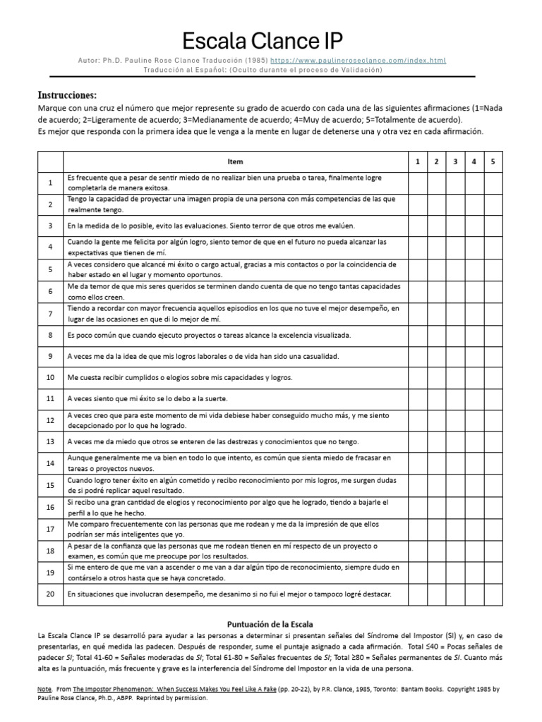 Escala Clance IP Anexo Versión Anónima para Validación 2A | PDF